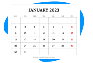 Printable January 2023 Calendar Free Download in PDF - Bordio