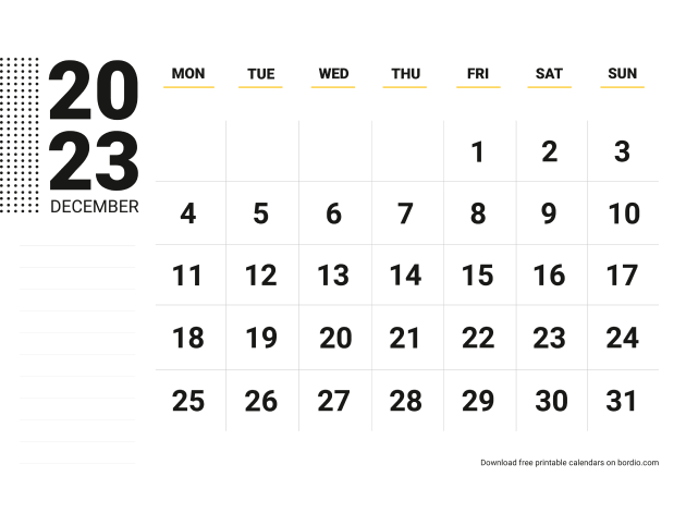 Printable December 2023 Calendar: Free Download in pdf - Bordio