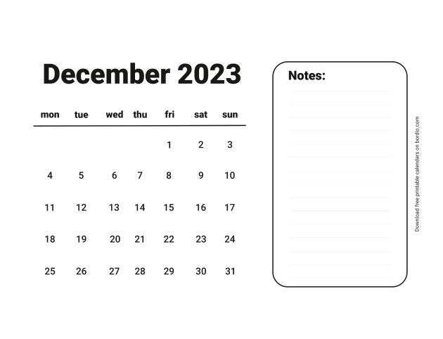 Printable December 2023 Calendar: Free Download in pdf - Bordio