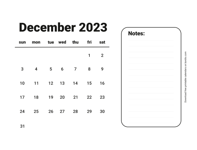 Printable December 2023 Calendar: Free Download in pdf - Bordio