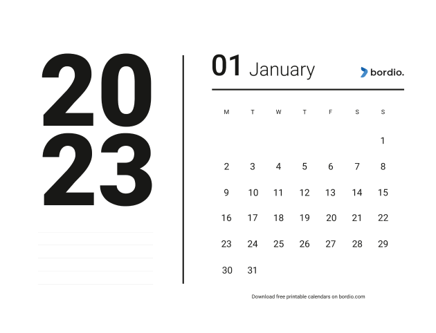 Printable January 2023 Calendar Free Download in PDF - Bordio