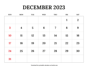 Printable December 2023 Calendar: Free Download in pdf - Bordio