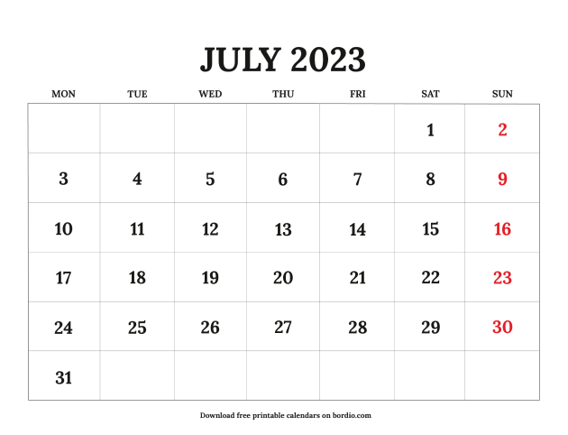 Printable July 2023 Calendar | Free Download in PDF - Bordio