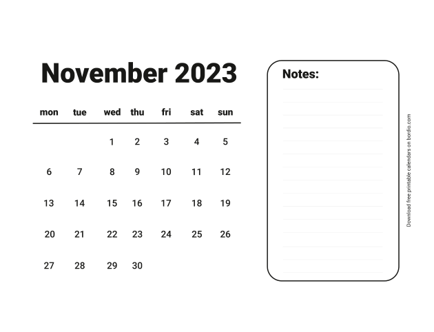 Printable November 2023 Calendar: Download in PDF - Bordio