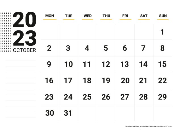 Printable October 2023 Calendar | Free Download in PDF - Bordio