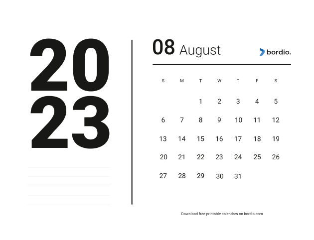 Printable August 2023 Calendar | Download for Free - Bordio