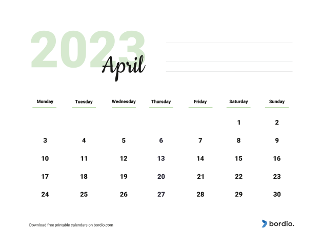 Printable April 2023 Calendar | Free Download in PDF - Bordio