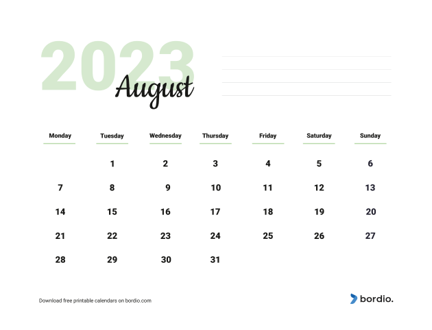 Printable August 2023 Calendar | Download for Free - Bordio