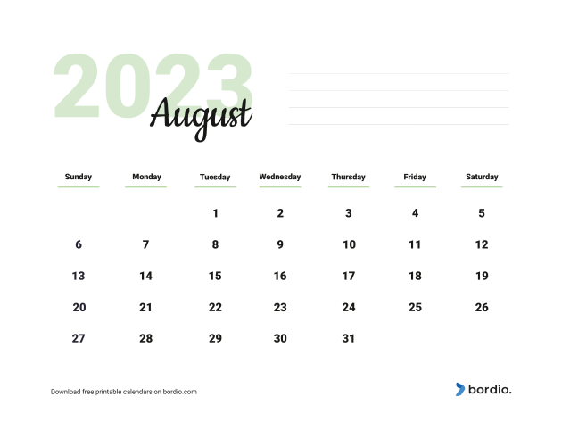 Printable August 2023 Calendar | Download for Free - Bordio