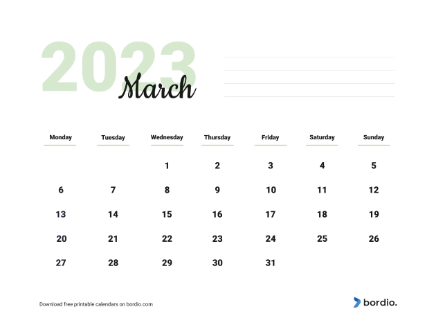 Printable March 2023 Calendar | Free Download in PDF - Bordio