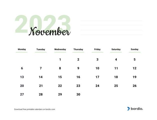 Printable November 2023 Calendar: Download in PDF - Bordio