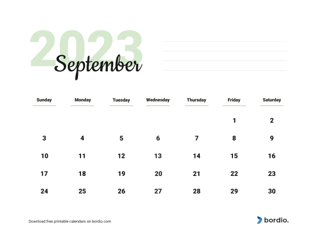 September 2023 Printable Calendar | Download in PDF - Bordio
