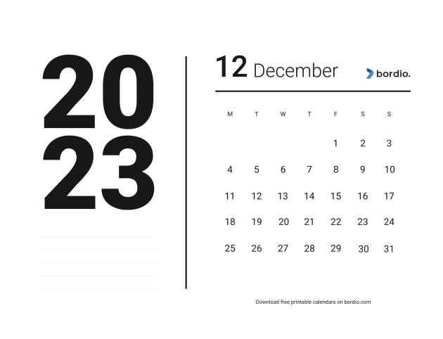Printable December 2023 Calendar: Free Download in pdf - Bordio