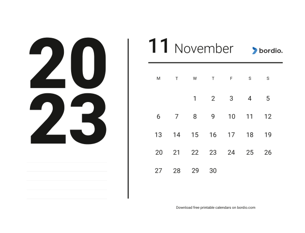 Printable November 2023 Calendar: Download in PDF - Bordio
