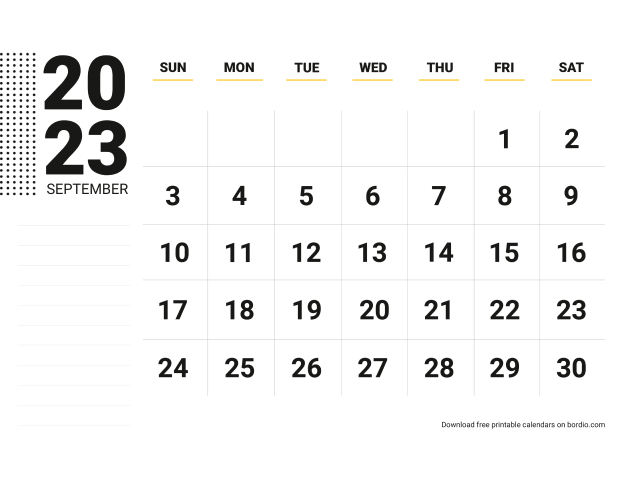 September 2023 Printable Calendar | Download in PDF - Bordio