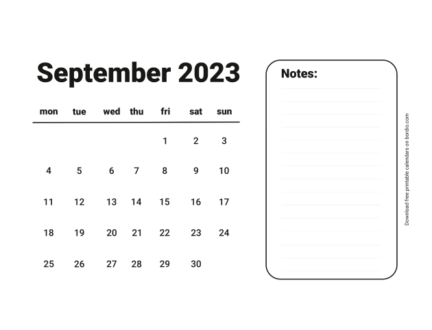 September 2023 Printable Calendar | Download in PDF - Bordio