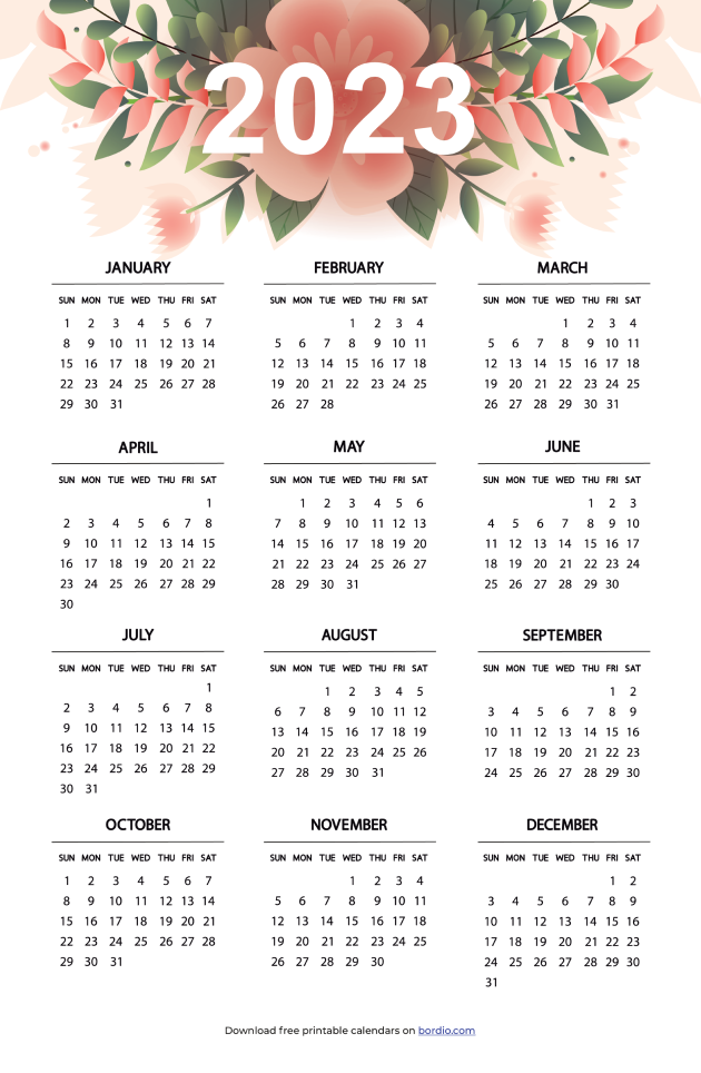 Printable Yearly Calendar 2023 | Free Download in PDF - Bordio