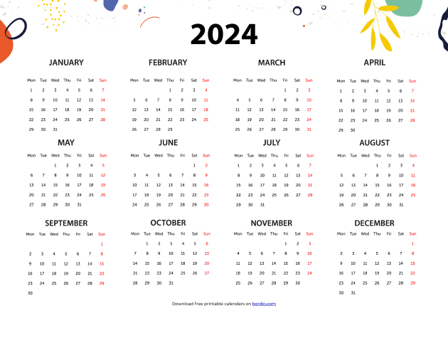 Free Printable Yearly Calendar 2024 Templates in PDF