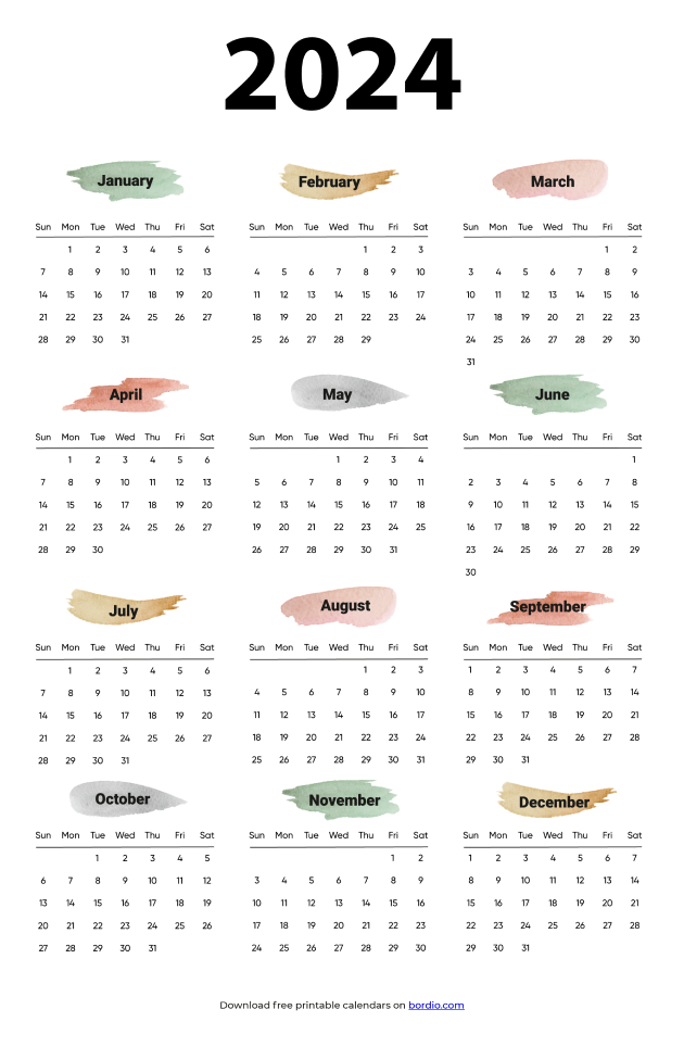 Free Printable Yearly Calendar 2024 Templates in PDF