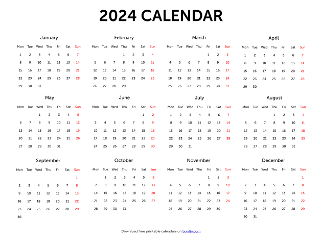 Free Printable Yearly Calendar 2024 Templates in PDF