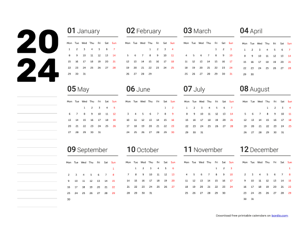 Free Printable Yearly Calendar 2024 Templates in PDF