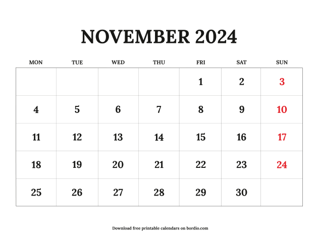 November 2024 Printable Calendar: Free Download (PDF)